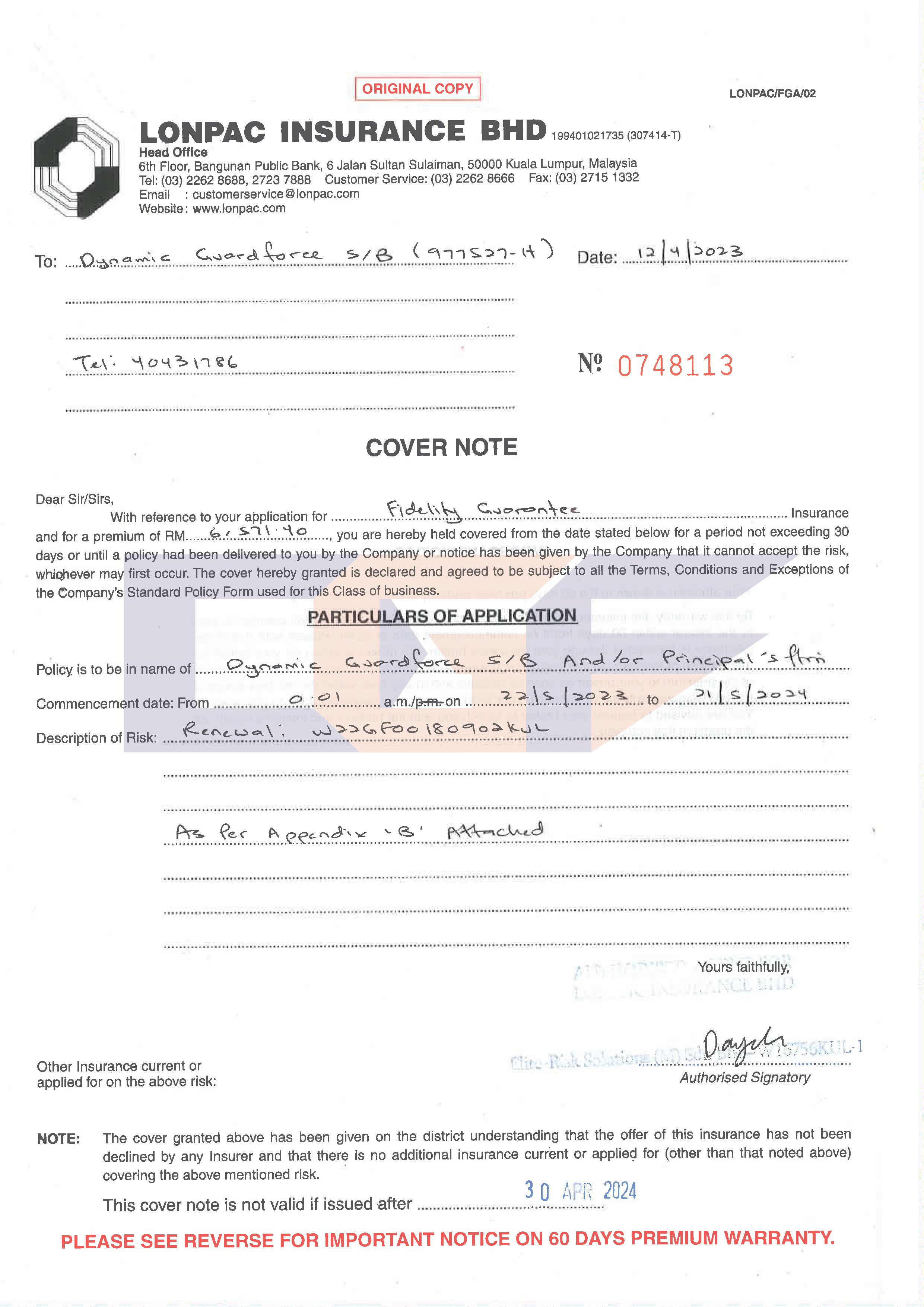 SECURITY GUARANTEE – Dynamic Guardforce Sdn Bhd